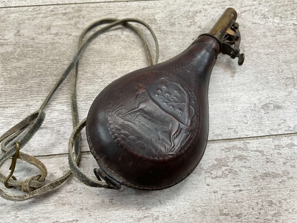 AM FLASK & CAP CO CIVIL WAR HUNTING DOG BLACK POWDER LEATHER SHOT FLASK ...