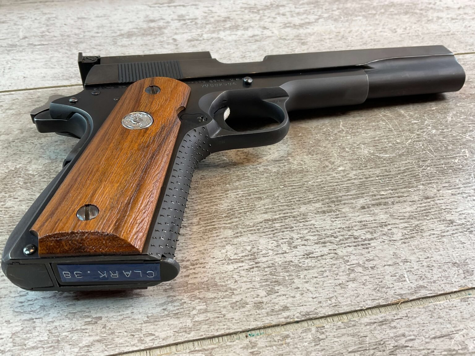COLT GOVT MODEL 1911A1 CLARK LONG SLIDE .38 SEMI AUTO PISTOL, JAMES ...